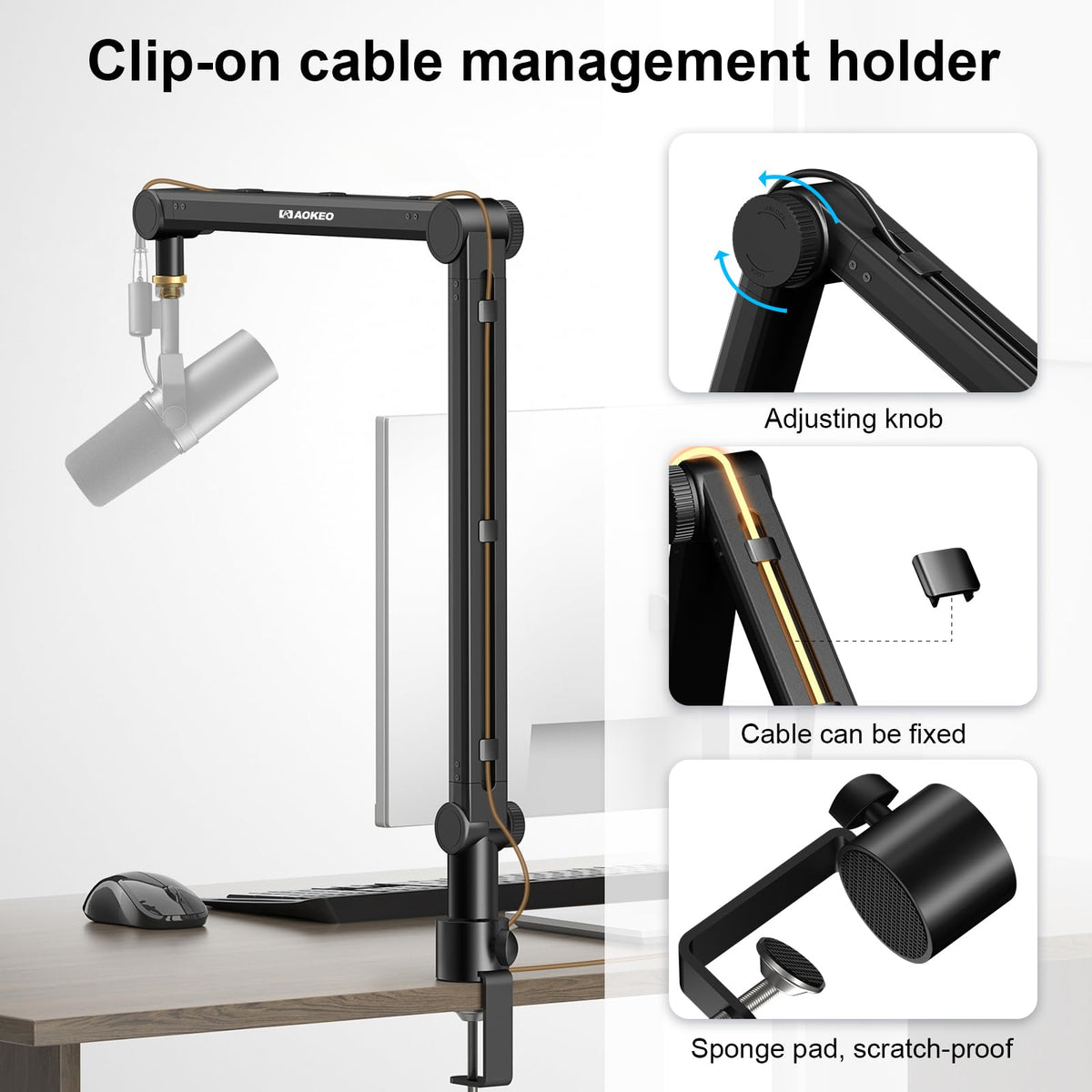 Aokeo Mic Arm, Boom Arm Microphone Stand Desk With Mount Clamp Cable ...