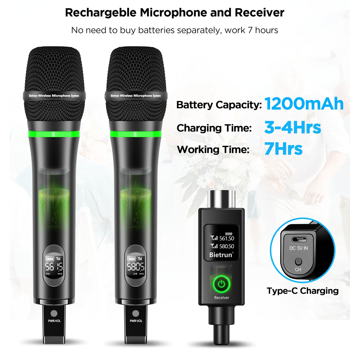 Bietrun Xlr Wireless Microphone, Rechargeable Dual Metal Cordless ...
