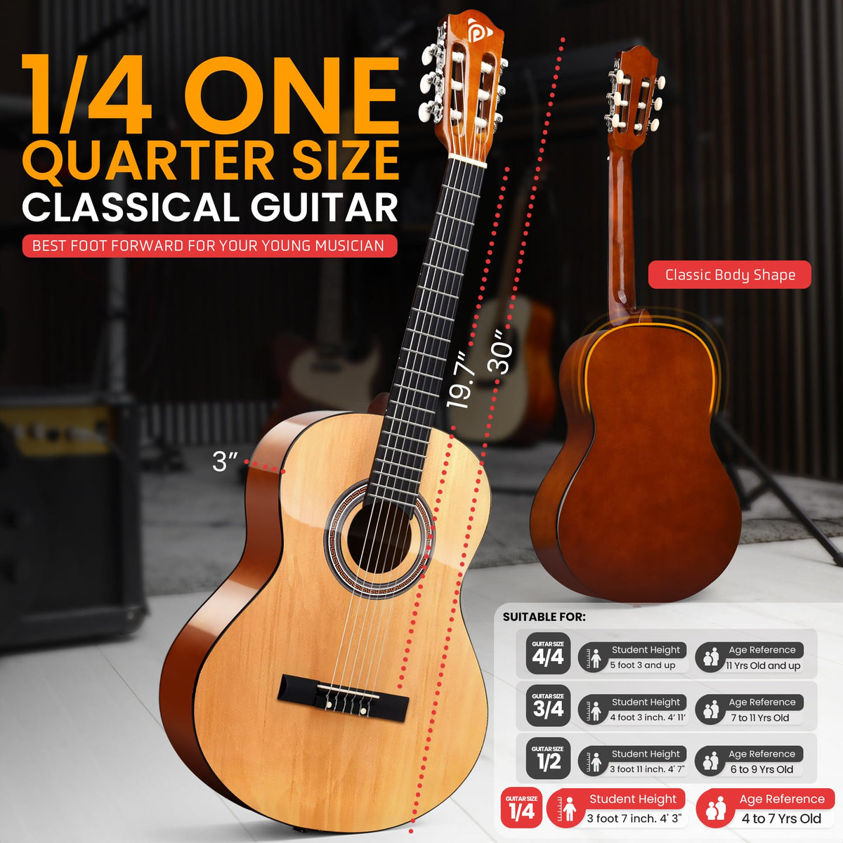 Pyle Beginner Acoustic Guitar Kit, 1/4 Junior Size All Wood Instrument ...